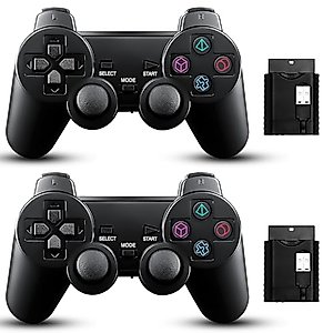 BLUE LAKE Performance 2 Pack Wireless Controller 2.4G double shock Compatible with PS2 /PS1/PC(Jet Black)