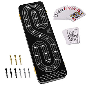 Cribbage Board Game Set 3 Tracks, 2 Storage Area, with 9 Metal Pegs,2 Decks of Playing Cards and Instruction, Wooden Travel Portable Cribbage Game Sets