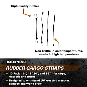 HAMPTON PROD Keeper - Assorted EPDM Rubber Cargo Straps, 10 Pack - 14”, 19”, 24", and 35” - for Tarps, Flatbeds and Trucks