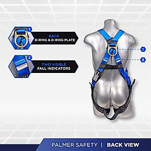 Palmer Safety Full Body Construction Harness with 5 Point Adjustment, 1D-Ring, Grommet Legs, and Fall Indicators I OSHA ANSI Roofing Tool Personal Equipment (Blue - Universal) 1D - Universal