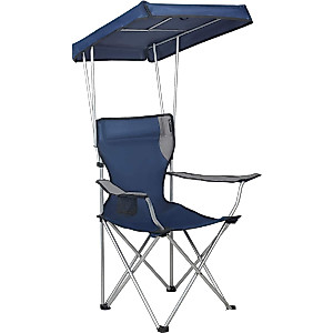 PORTAL Folding Sun Protection Lawn Chair with Canopy and Cup Holder for Outdoor Camp Park Patio Beach Picnic, Support 300 LBS, Blue/Grey