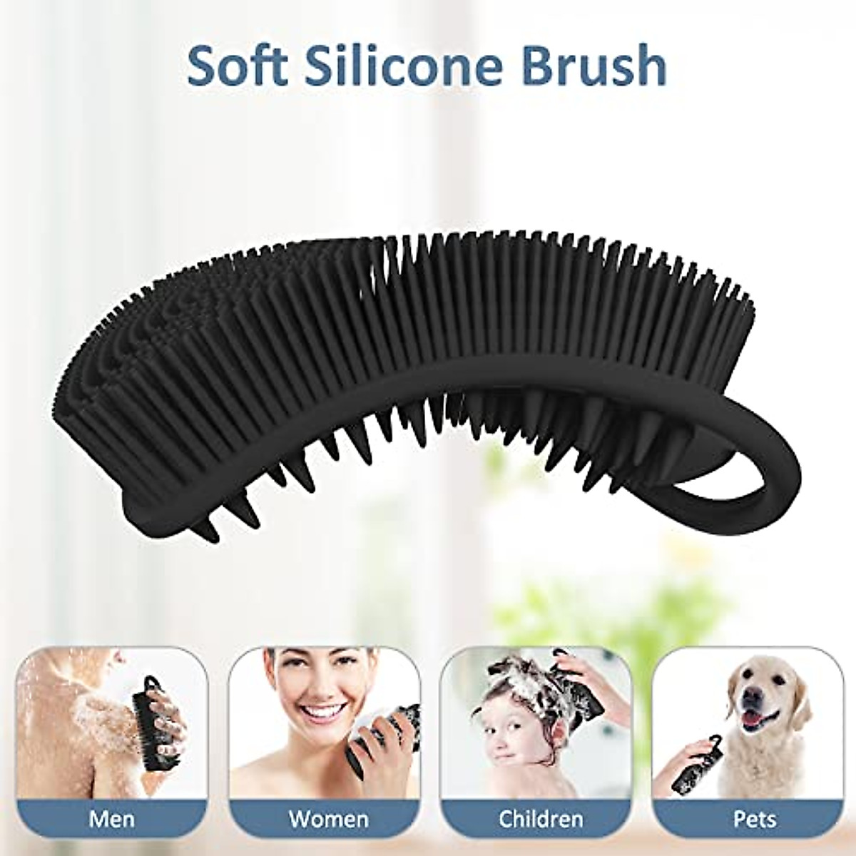 Silicone Body Scrubber, Elfrhino Shower Brush for Gentle Scrub Skin Exfoliation, Lathers well, More Hygienic, Gentle Massage with Silicone Loofah for Use in Shower to Improve Cellulite Black