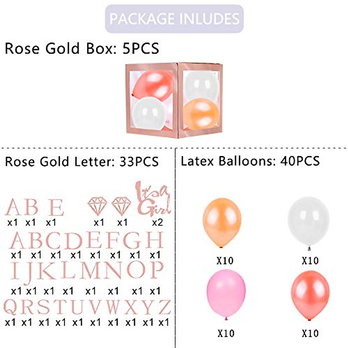 Bridal Shower Decorations Rose Gold Boxes | Bachelorette Party Decorations | Baby Shower Decorations for Girls | Happy Birthday Decorations Balloon DIY Name Box with A-Z Letters & Balloons JSN PARTY