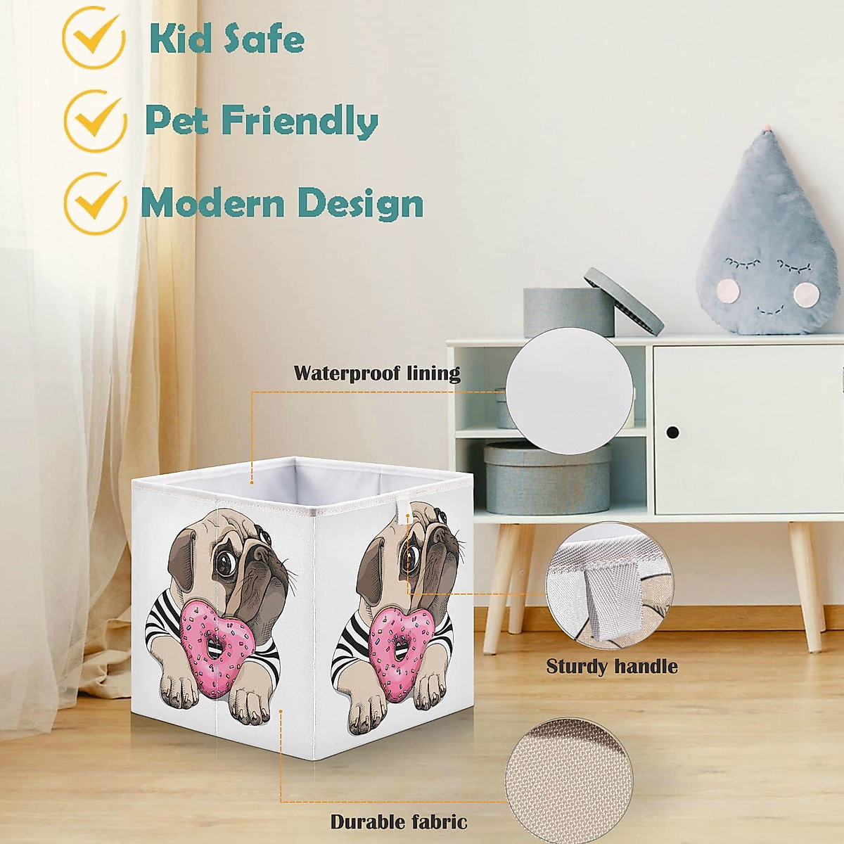 visesunny Closet Baskets French Bulldog Animal with Heart Donut Storage Bins Fabric Baskets for Organizing Shelves Foldable Storage Cube Bins for Clothes, Toys, Baby Toiletry, Office Supply