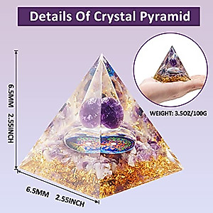 Orgone Pyramid - Orgonite Healing Amethyst Crystal Sphere with Reiki Obsidian Protection Handmade Pyramids Valentines Day Gift Home Office Decor Positive Energy for Balancing (Amethyst+Tree Of Life)