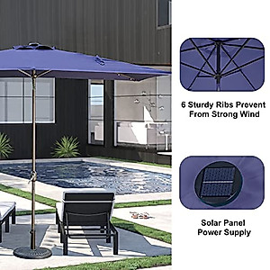 Aok Garden 10ft Patio Umbrella with Solar Lights - 30 LED Rectangular Tilt Umbrella Aluminum Pole, 6-8 Chairs Outdoor Rectangle Umbrella for Lawn Backyard, Deck, Pool and Beach, Navy Blue