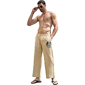 Miaikvs Men's Print Cotton Linen Casual Pants with Elastic Waistband - Soft, Breathable, and Loose-Fit Summer Pants (US, Alpha, Large, Regular, Regular, Skeleton Khaki)