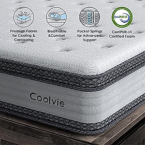 Queen Mattress, Coolvie 10 Inch Hybrid Mattress with Individually Pocket Coils and Dual Layer Cool Comfy Memory Foam, Hybrid Innerspring Mattress in a Box, Cushioning Euro Top Design, Medium Firm