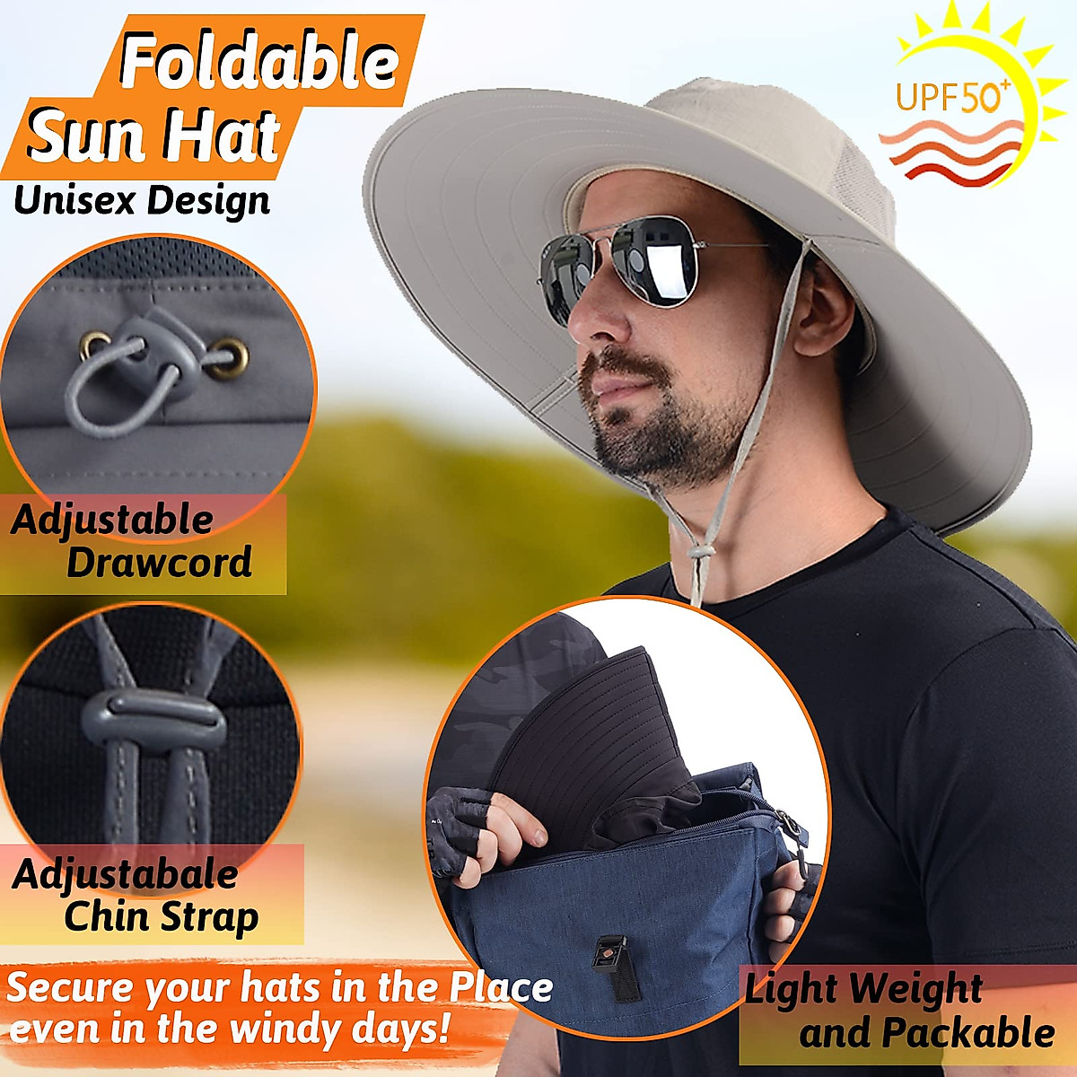 USHAKE Foldable Super Wide Brim Fishing Hat Bucket Safari Hat, UPF 50+ Sun Hat Khaki