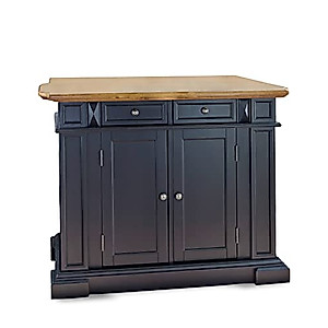 homestyles Americana Kitchen Island with Wood Top and Drop Leaf Breakfast Bar, Storage with Drawers and Adjustable Shelves, 50 Inch Width, Black and Oak