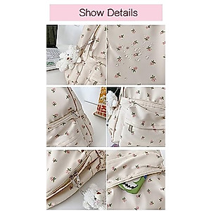 JHTPSLR Cottagecore Aesthetic Backpack with Plushies Pink Floral Preppy Backpack Flowers Backpack Cute Kawaii Backpack Book Bags (Beige)