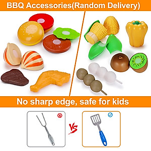 Kids Play Food Grill with Pretend Smoke Sound Light Kitchen Playset BBQ Accessories Camping Cooking Set Barbecue Toddler Girl Boy Toy 2 3 4 5 6 Year Old 4-8 Birthday Kid Outdoor Toy Gift Idea