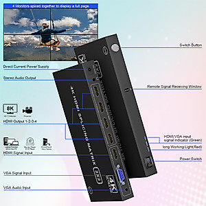Video Wall Controller 2X2 4K TV Wall Controller HDMI Video Wall Processor - 4 Channel Splicing Display Controller with Remote Control for 4 TV Screens into 1 Wall Display