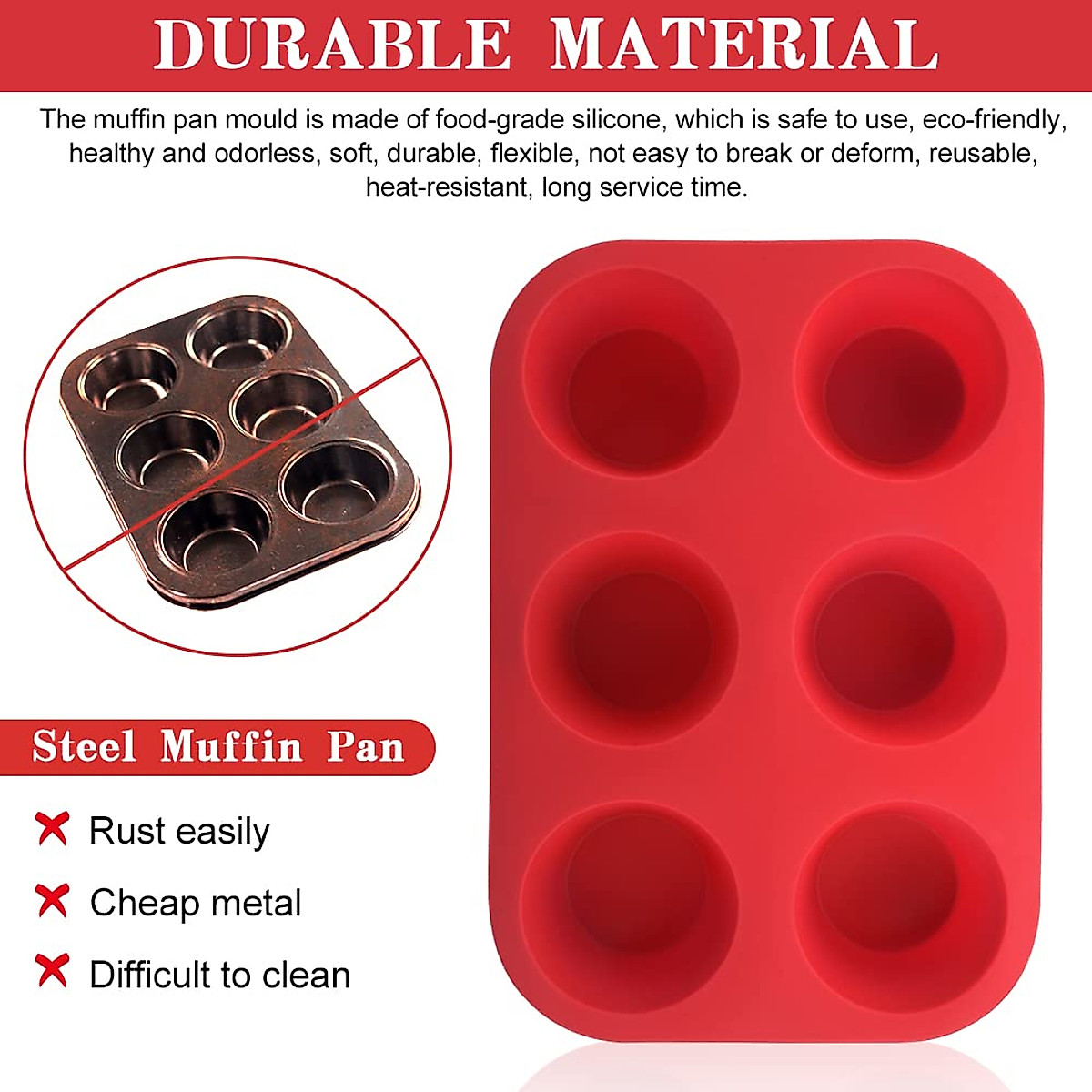 2PCS Silicone Muffin Pans Non-Stick Cupcake Pan 6 Cup Mini Muffin Pan,Reusable Muffin Baking Silicone Mol ds,Muffin Tin For Muffin,Cupcake,Brownie,2 Trays Overlapped(Red,size:9.45x6.5x1.57inch)