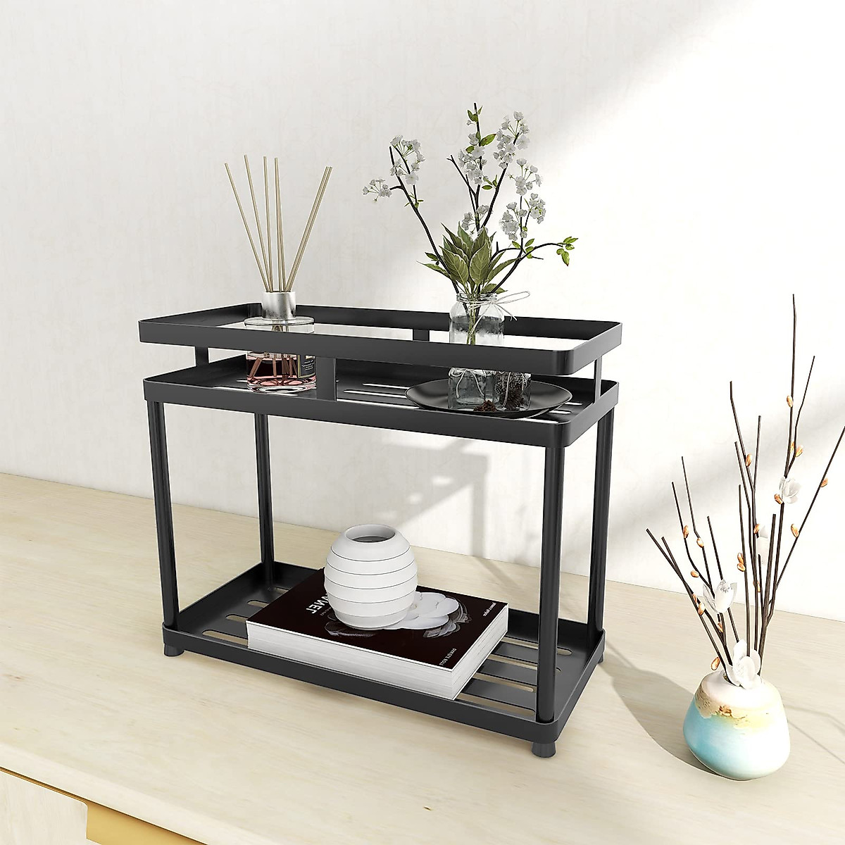 FLE Under Sink Organizer, 2 Tier Metal Under Bathroom Sink Storage Baskets with Hooks, Self Adhesive Black Under Sink Shelf Organizer for Bathroom Kitchen