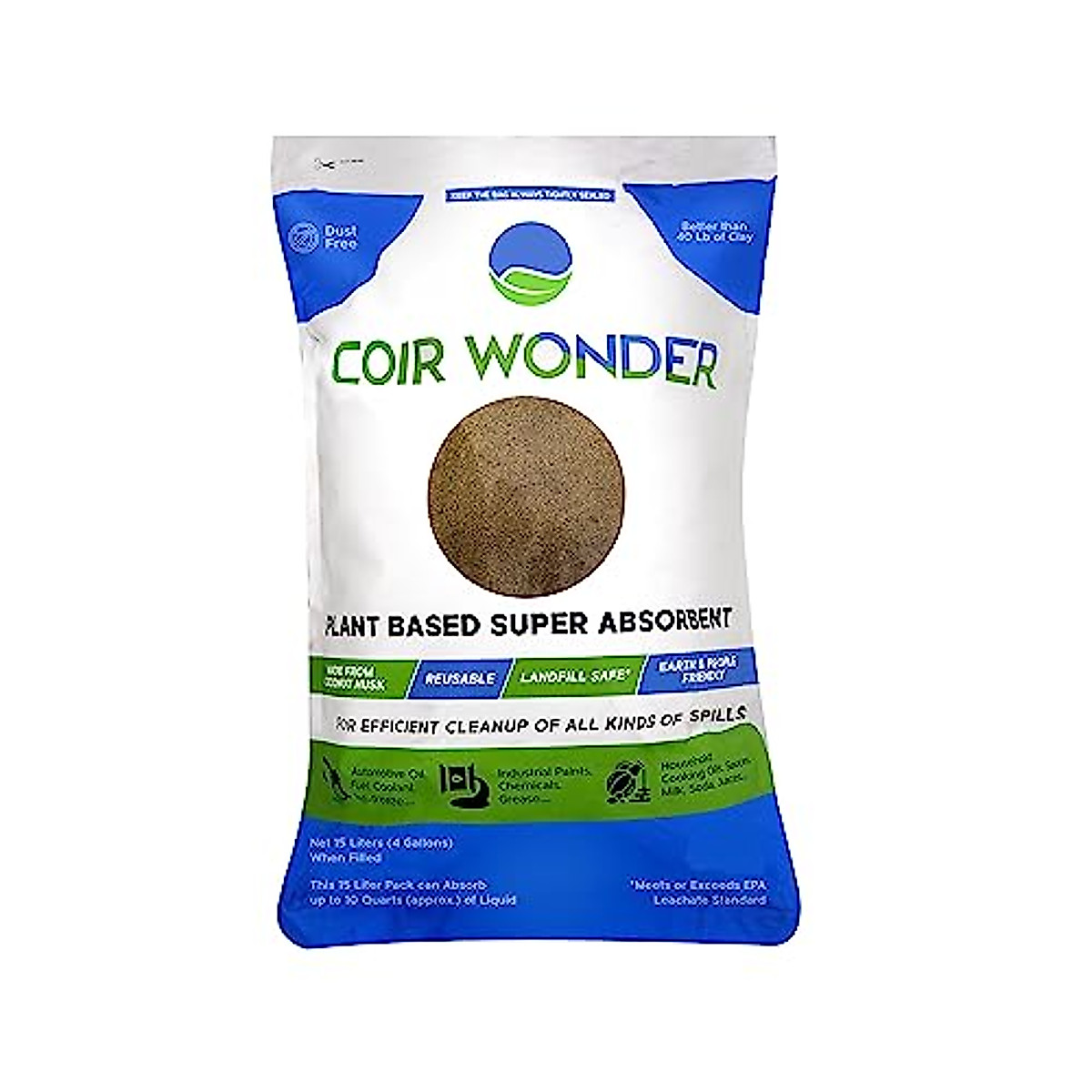 Coir Wonder 3-in-1 Oil Absorbent, Paint Hardener & Sweeping Compound – 15 Liter (15.9 Quarts) – for Oil, Biohazard, Body Fluid Spill Kit – Coco Husk Granules – Absorbing More Than Clay Litter & Mats