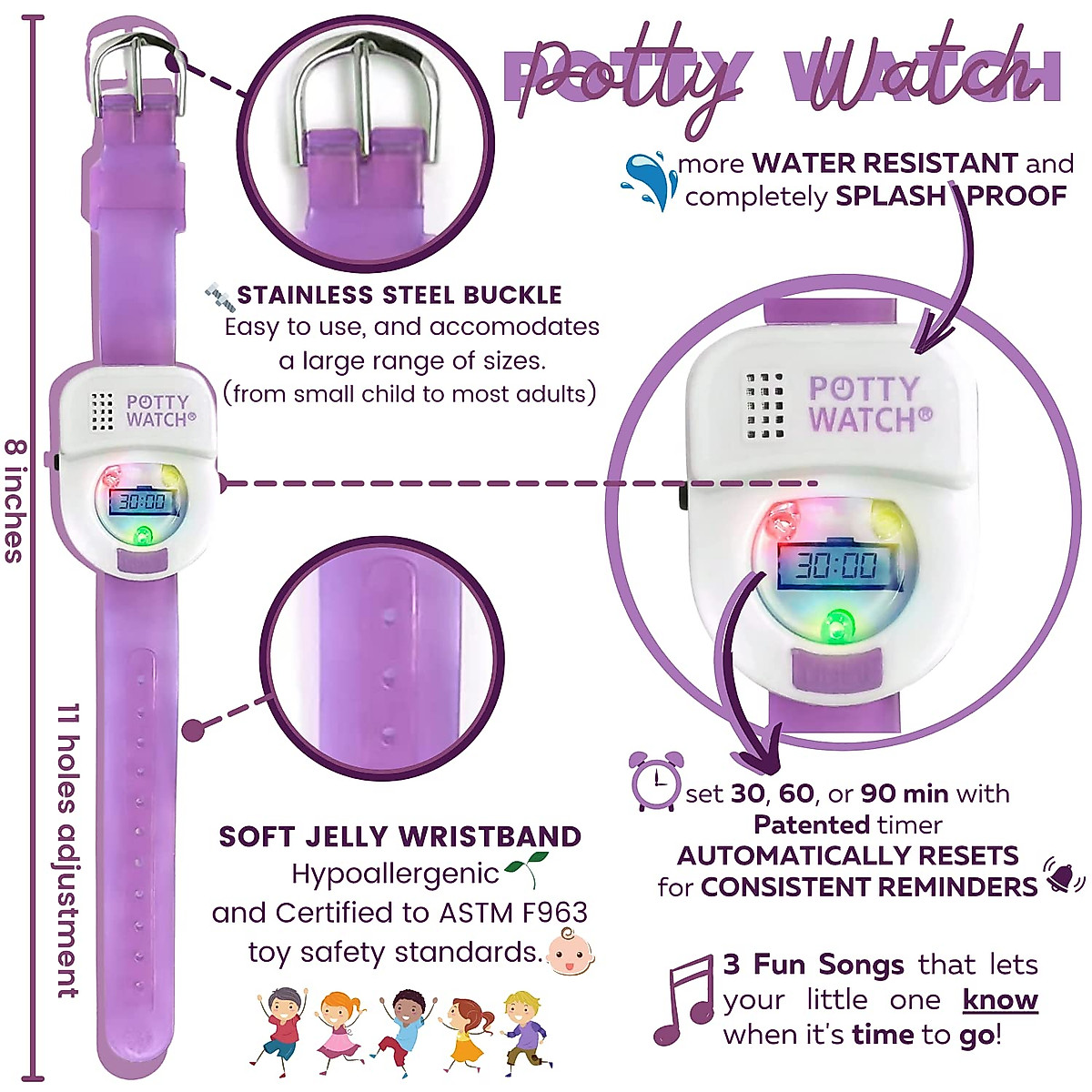 Potty Time:The Original Potty Watch|Water Resistant,Toilet Training Aid,Warranty(30|60|90 Min Auto Timers w/Music & Flashing Lights for Fun & Gentle Reminders)Purple, Pond Sticker Chart & Battery Kit