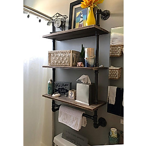 MIQ Industrial Pipe Shelf,Rustic Wall Shelf with Towel Bar,24" Towel Racks for Bathroom,3 Tiered Pipe Shelves Wood Shelf Shelving …