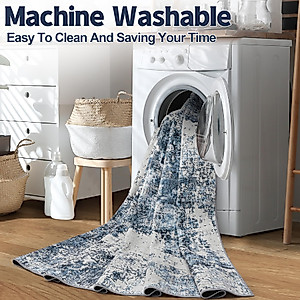 Area Rug Living Room Rugs: 5x7 Washable Rug with Anti-Slip Backing Non-Shedding Stain-Resistant Foldable Modern Abstract Carpet for Bedroom Dining Room Nursery Home Office (Blue)