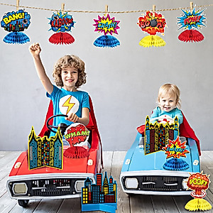 Funrous 11 Pieces Hero Party Decoration Hero Honeycomb Centerpieces 3D Hero Table Topper Paper Large Word Centerpieces Fun Hero Action Sign Standing Cards for Birthday Party Baby Shower Decor Supplies