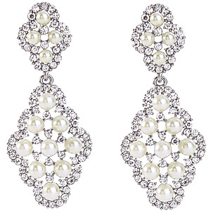 BriLove Wedding Bridal Simulated Pearl Earrings for Women Crystal Hollow Rhombus Chandelier Dangle Earrings Clear Silver-Tone Ivory Color