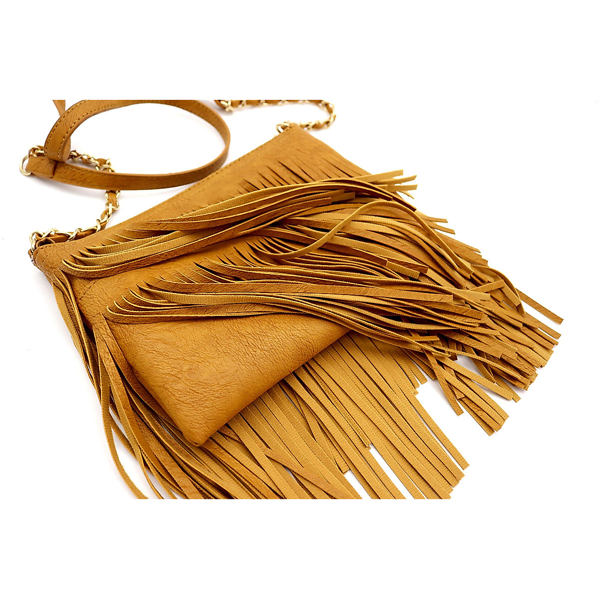 Front and Back Both Side Fringed Soft PU Leather Medium Long Cross Body Messenger Shoulder Bag (Taupe)