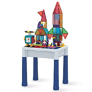 PicassoTiles 316 PCs Activity Table with Magnetic Tiles and Building Brick Blocks, Playset Table with Magnetic Action Figures & Storage Included, Can be Use as Water & Sand Tables STEM Toys Ages 3+