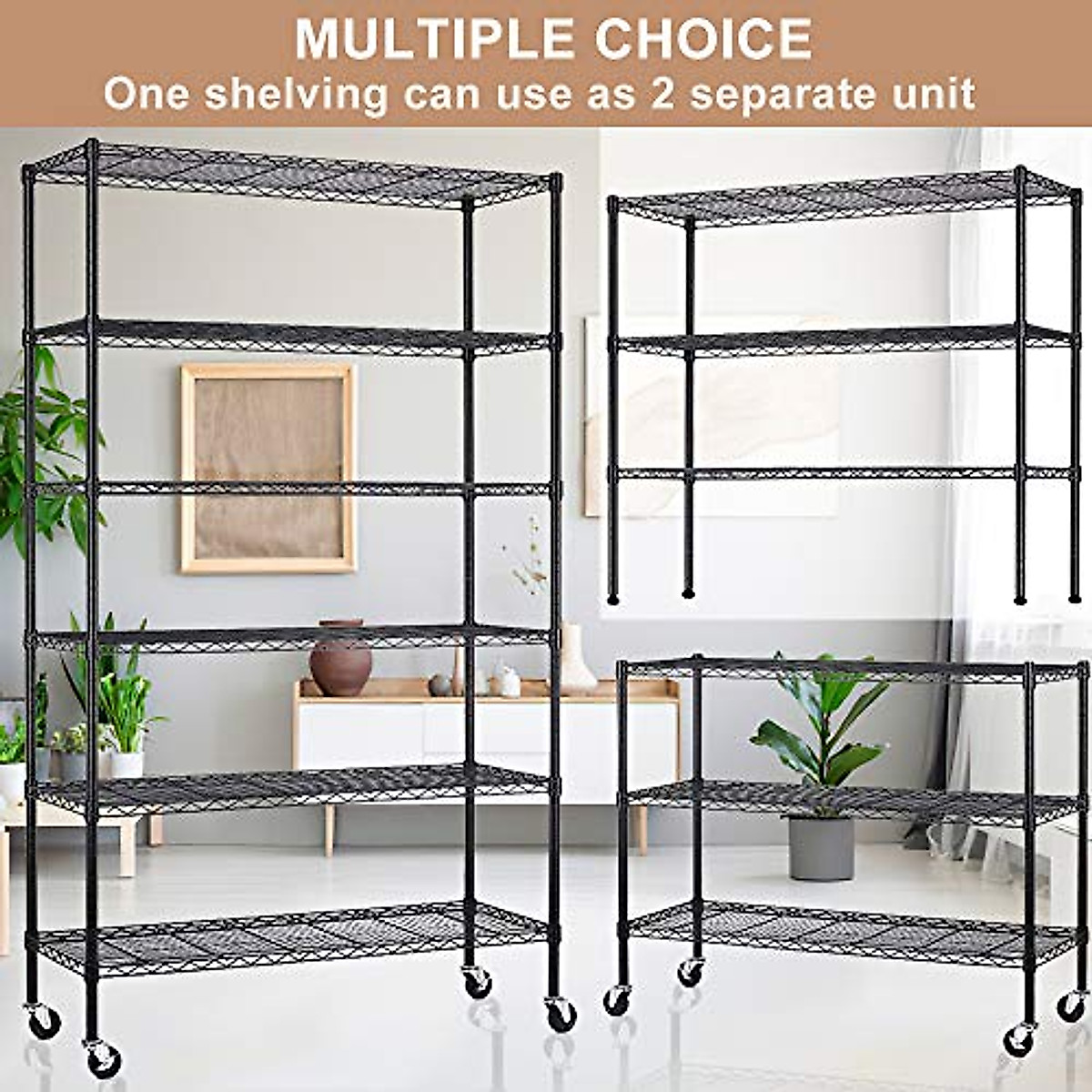 BLKMTY Metal Shelf 6 Tier Metal Storage Shelf Heavy Duty Wire Rack Shelves Wire Shelving Unit with Wheels Standing Shelf Units Height Adjustable Utility Commercial Grade Garage Shelves, Black