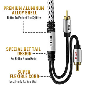 Elecan Premium RCA Cable 6 Ft (Hi-Fi Sound-16 AWG-Shielded) 2 RCA Male to 2 RCA Male Stereo Audio Cable, Gold Plated-Aluminum Alloy Shell-Pure Copper-Braided RCA Cord for Home Theater Speakers + Ties