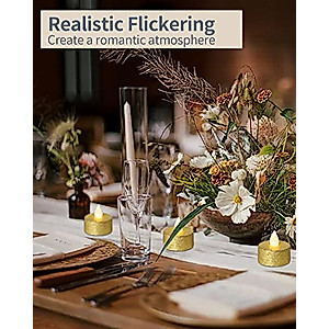 LOGUIDE Battery Operated LED Tea Lights,24 Pack Gold Flameless Votive Tealights Candle with Warm White Flickering light, Small Electric Fake Tea Candle Realistic for Wedding,Table,Festival Celebration