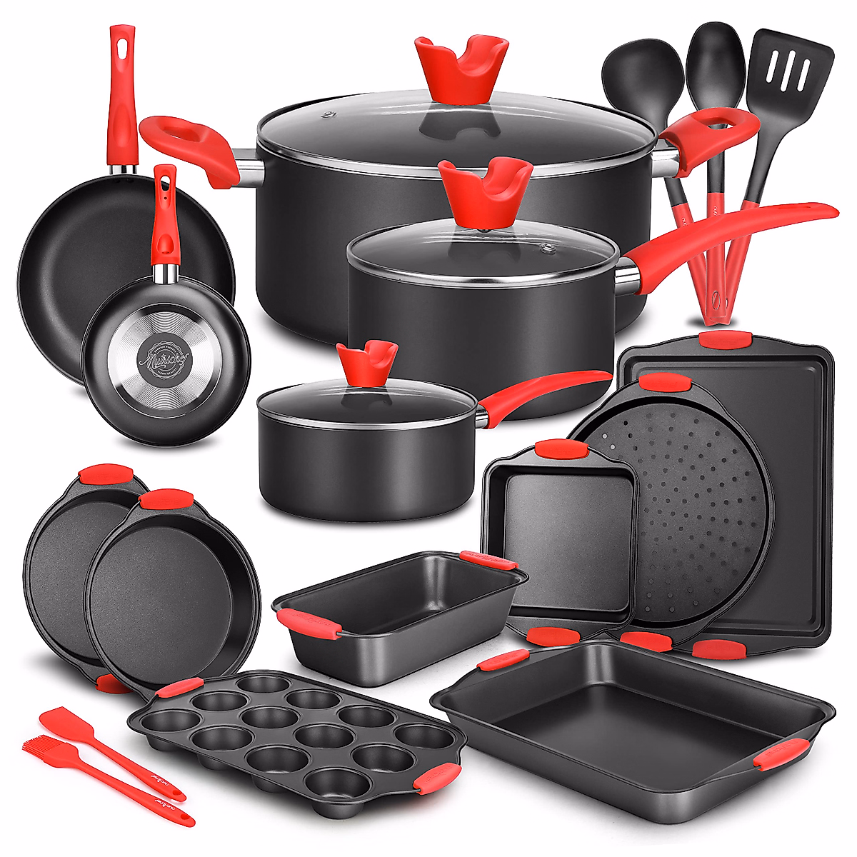 NutriChef Non-Stick Cookware 21-Piece Set, Includes Pots & Pans, Bakeware, & Cooking Utensils w/ Silicone Handles - Complete Set for Gas, Electric, & Ceramic Cooktops - PTFE/PFOA/PFOS Free, Black