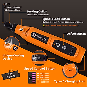 HARDELL Mini Cordless Rotary Tool 3.7V, 5-Speed Rotary Tool Kit with 43 Accessories, Type-C Charging Power Rotary Tool for Engraving, Sanding, Polishing, Drilling, Grinding, Small DIY Crafts