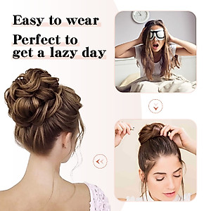 Flufymooz Messy Bun Hair Piece, 100% Real Human Hair Tousled Updo Extension Natural Curly Messy Bun with Elastic Band Hair Bun Hair Piece Ponytail Extensions for Women（Medium Brown with Highlights）
