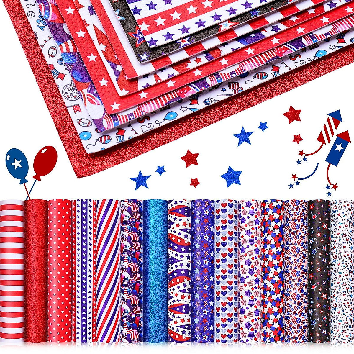 15 Pieces Labor Day American Flag Faux Leather Sheets Glitter Sequins Synthetic Leather Sheets DIY Faux Leather Fabric Making Earrings Bows DIY Crafts, 8.3 x 6.3 Inch (Classic Style)