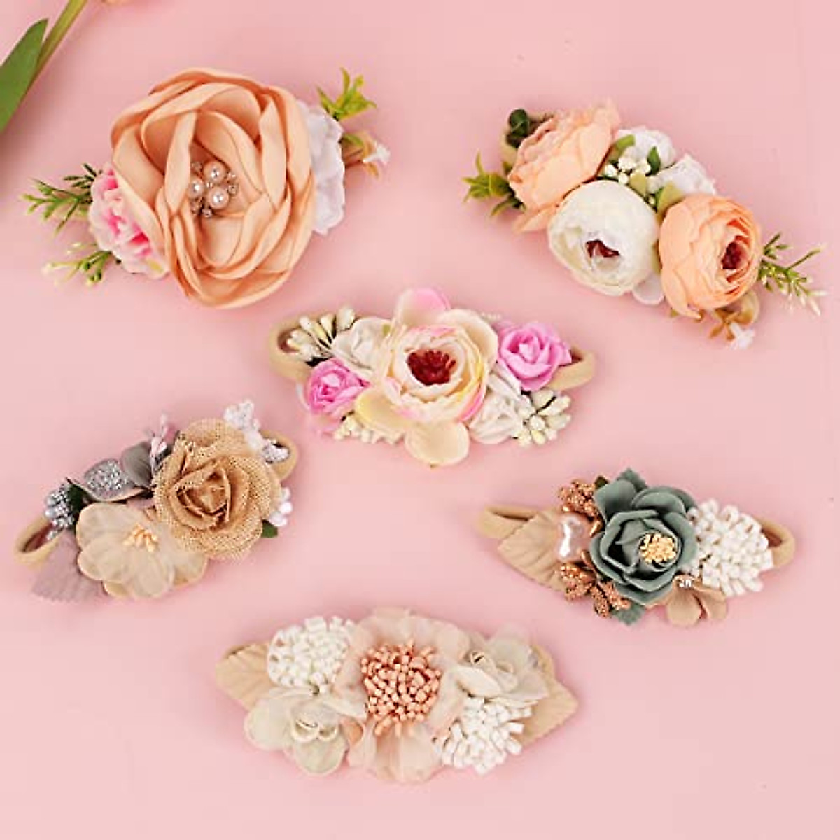 PABOBIT 6PCS Baby Girl Flower Nylon Headband-Elastic Hair Band Handmade Bow For Newborn Infant Toddler (Flowers-1, L)