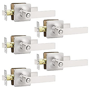 GOBEKOR 5 Pack Interior Brushed Nickel Bedroom Door Handles with Lock Privacy Door Levers Bathroom Lever, Square Rosette