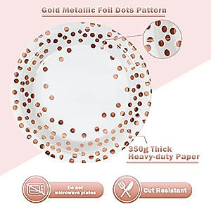 CENLBJ Disposable Paper Plates 100 Pack-White and Rose Gold Paper Plates 50x9&Gold Dot Napkins 50x6.5,Paper Plates and Napkins Party Supplies for Weddings,Birthdays,Bridal Parties,All Occasions