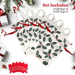 Fabric Gift Bags for Christmas Presents - Set of 6 Christmas Bags with Drawstring, Large Christmas Gift Bags for Presents, Christmas Gift Wrap, Reusable Christmas Bags for Gifts (Christmas Holly)