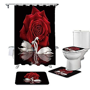 4 Pieces Shower Curtain Bath Rugs Set Romantic Mother's Day Red Rose and Lake Swan Waterproof Bathroom Curtains Non-Slip Floor Doormats Toilet Lid Cover and U Shape Carpet