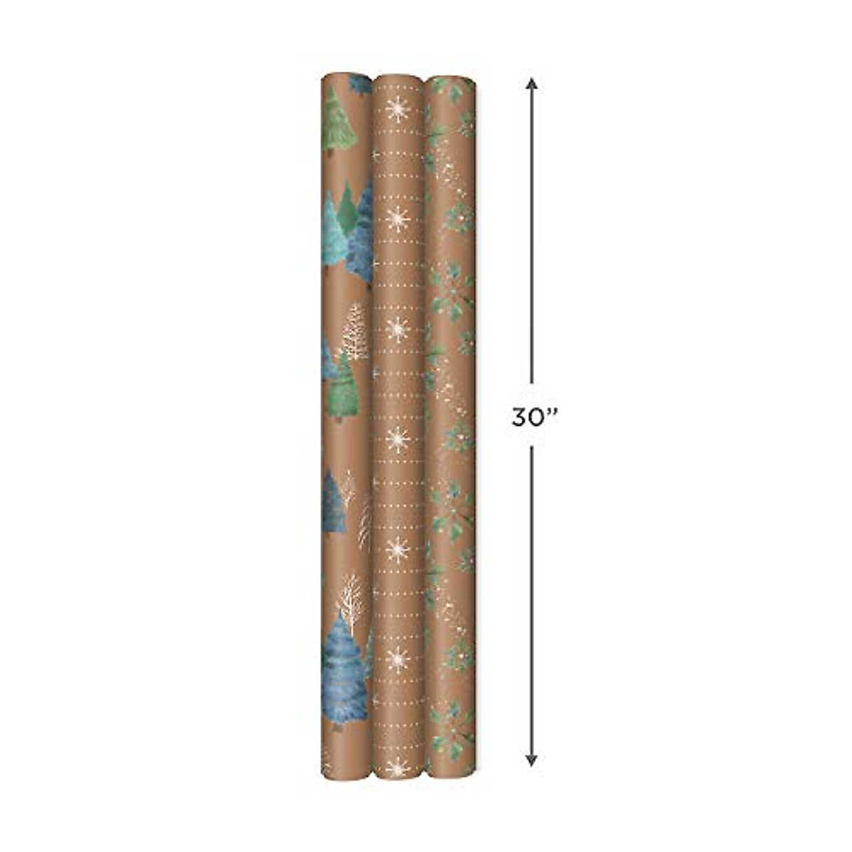 Hallmark Recyclable Holiday Wrapping Paper with Cut Lines on Reverse (3 Rolls: 90 sq. ft. ttl) Wintry Nature: Kraft Brown with White Snowflakes, Blue and Green Foliage, Christmas Trees