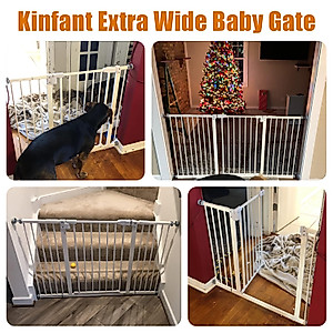 Kinfant Extra Wide Baby Gate - 58-Inch White Doorway & Stair Gate, Tall & Adjustable Extension Pressure Pet Gate, with Extension Kit, Pressure Mount Kit, Wall Cups