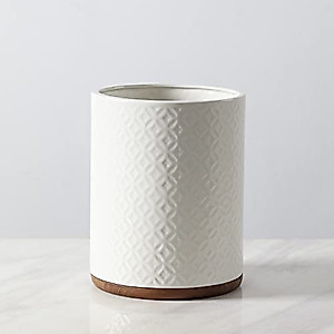Motifeur Bathroom Wastebasket - Ceramic Decorative Trash Can with Wooden Base (White and Beige)…