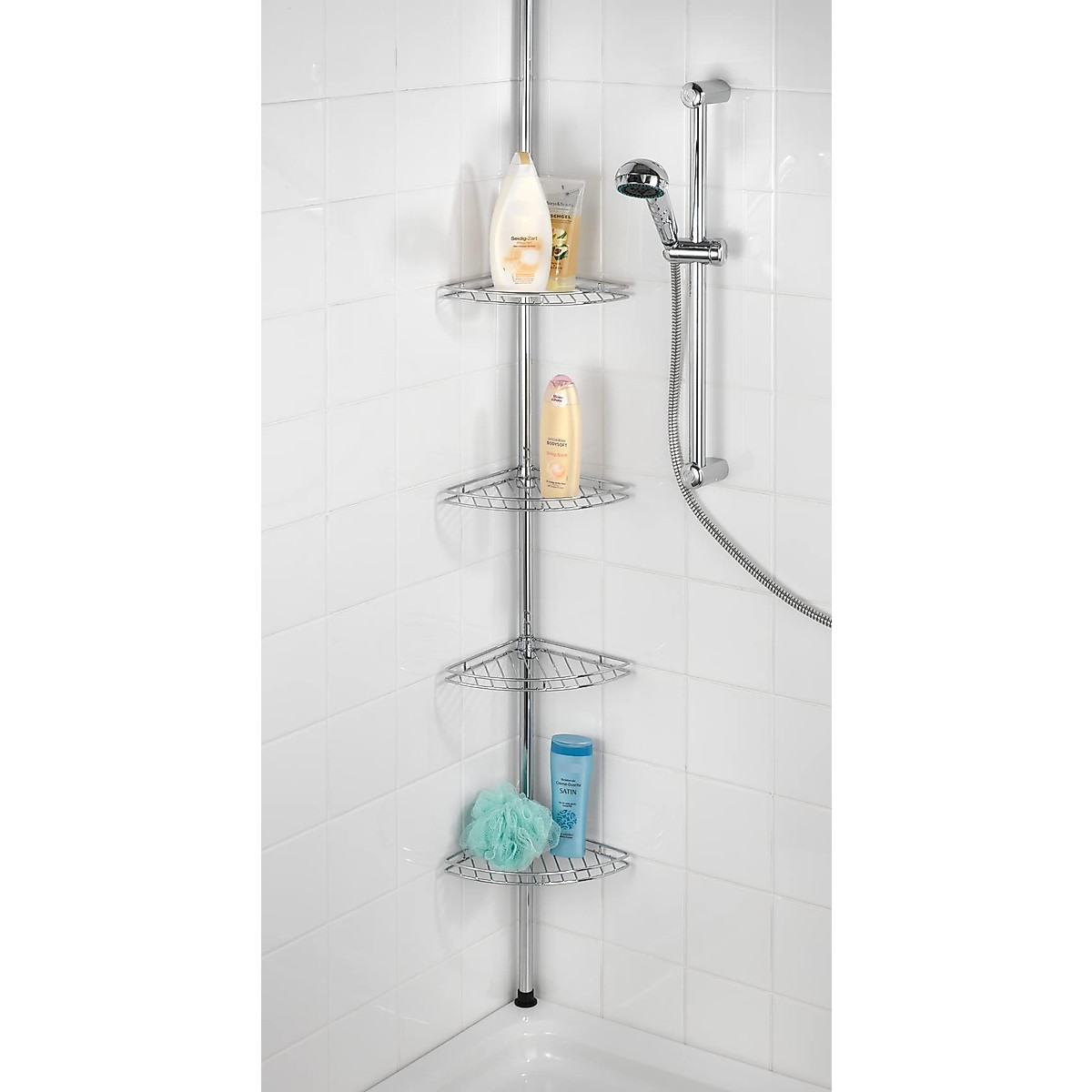 Bathroom Shelf Organizer for Shower Storage, Shower Caddy Tension Pole With 4 Storage Baskets, Stainless Steel, Silver, Dimensions 11 x 108 x 7.8 in