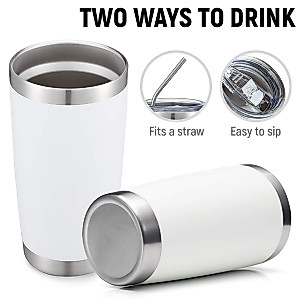 COMOOO 20oz White Tumbler Bulk with Straw Stainless Steel Insulated Coffee Tumbler Cups Double Wall Vacuum Travel Coffee Mug with Splash Proof Sliding Lid for Hot Cold Drinks (White, 4 Pack)