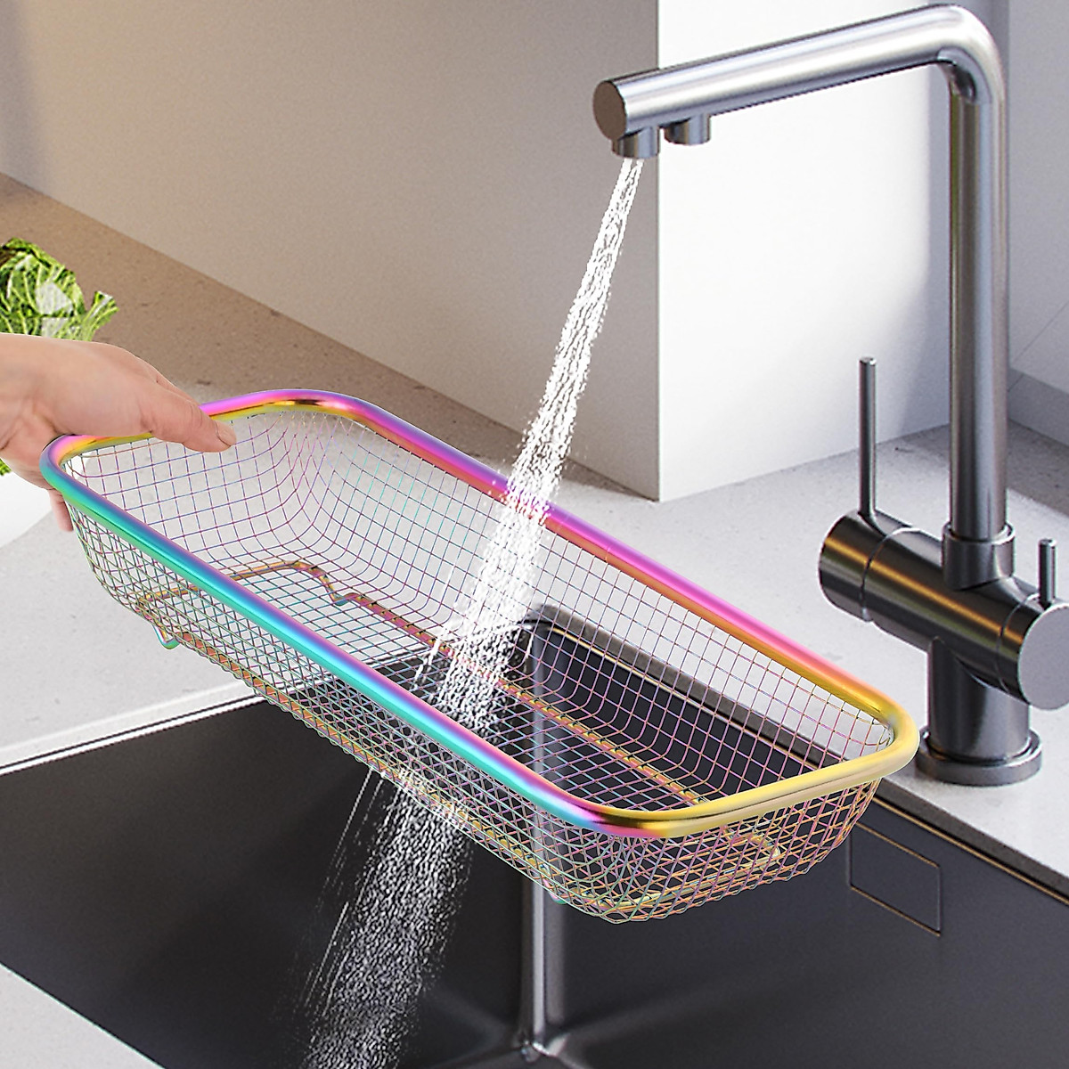 BYEGOU Silverware Drawer Organizer, Rainbow Mesh Kitchen Drawer Organizers, Iridescent Stackable Storage Basket Metal Utensil Holder for Flatware, 12.5"x5"x2.5", Pack of 2