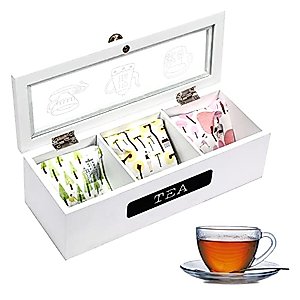 Tea Bag Organizer,White Wood 3 Compartment Tea Bag Organizer,Tea Holder Organizer,Tea Box Storage Box,Tea Box Organizer for Organizer and Display Tea Bags