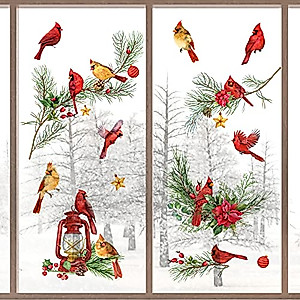 Mfault Winter Cardinals Window Clings 9 Sheets, Christmas Red Birds Glass Stickers Decal Poinsettia Pine Cone Bedroom Decorations, Xmas Kerosene Lamp Tree Branches Home Kitchen Living Room Decor