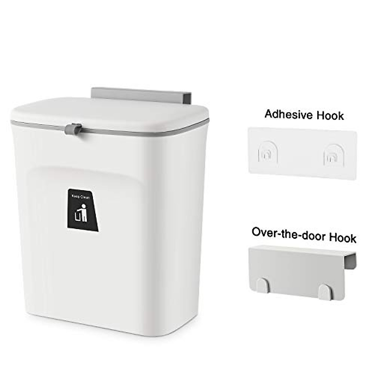 SUBEKYU 2.4 Gal Hanging Trash Can for Kitchen Cabinet Door with Lid, Small Under Sink Garbage Can for Bathroom, Wall Mounted Counter Waste Compost Bin, Plastic (White)
