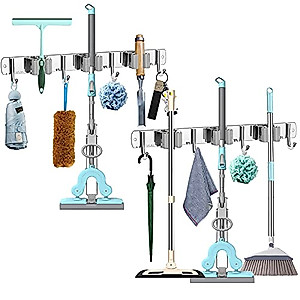 2 Pack Mop and Broom Holder, Broom Holder Wall Mount, Broom Organizer Wall Mount, Stainless Steel Broom Holder with 3 Racks and 4 Hooks, Mop Holder for Home Kitchen Office Garden Garage