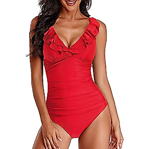 Holipick Women Chili Red One Piece Swimsuits Tummy Control Bathing Suit Ruffle V Neck Swimwear Slimming Monokini for Teen Girls Small